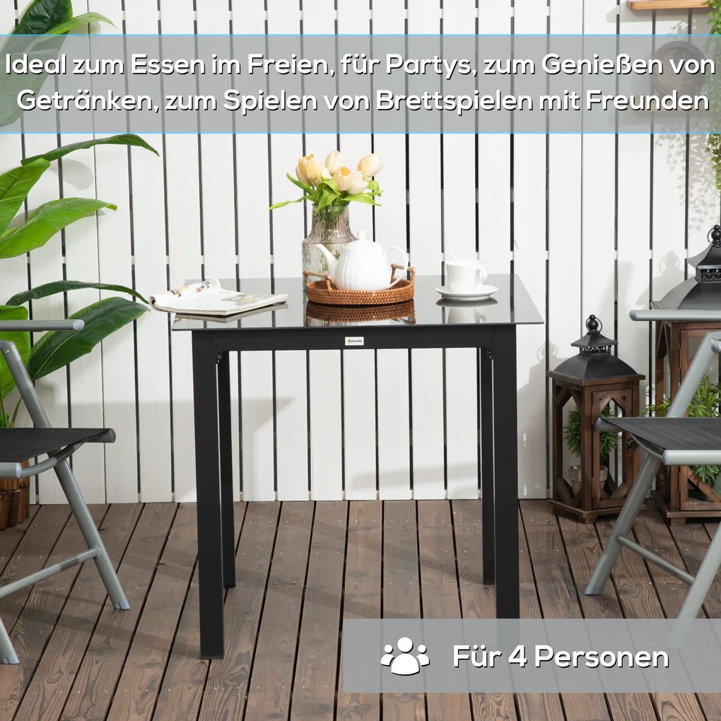 Outsunny zahradní stůl čtvercový pro 4 osoby, stůl na terasu s deskou z tvrzeného skla, hliníková černá 80x80x74cm pro zahradu a balkon
