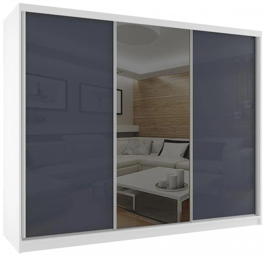Šatní skříň s posuvnými dveřmi Beauty 235 cm - bílá / šedý lesk