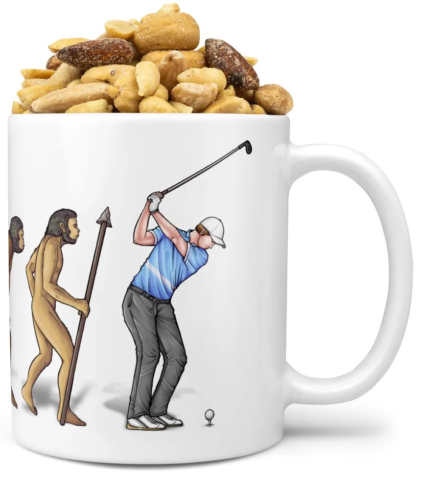 Hrnek Evoluce golfu (Náplň hrníčku: Směs slaných oříšků)