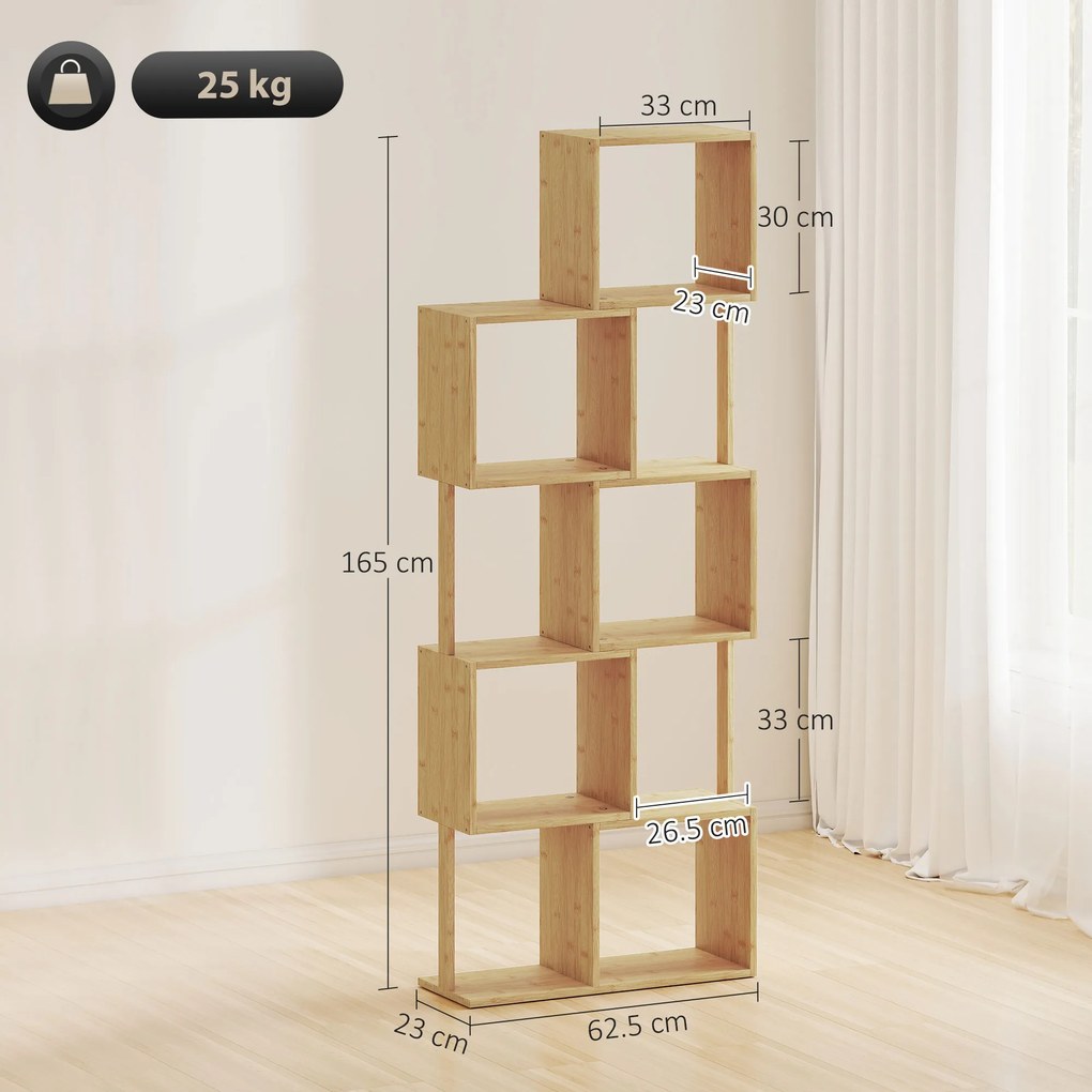 HOMCOM moderní asymetrický 5patrový regál z bambusu, 62,5 x 23 x 165 cm, barva dřeva přírodní