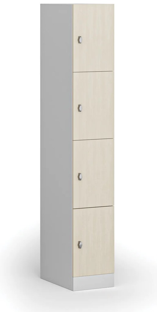 Šatní skříňka S1 s úložnými boxy, 4 boxy, 1850 x 300 x 500 mm, otočný zámek, laminované dveře, bříza