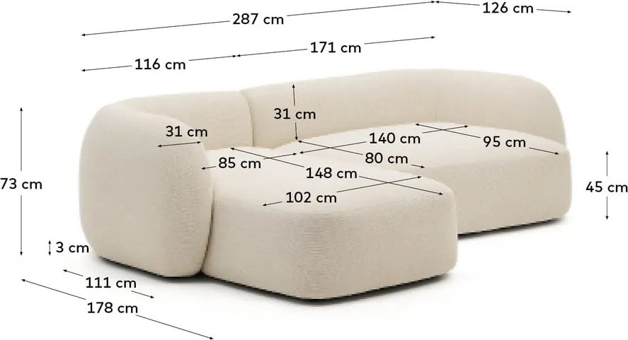 Krémová žinylková rohová pohovka (levý roh/s lenoškou) Martina – Kave Home