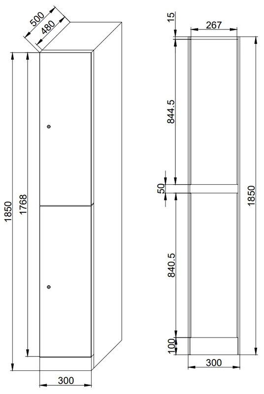 Šatní skříňka S1 s úložnými boxy, 2 boxy, 1850 x 300 x 500 mm, RFID zámek, laminované dveře, dub přírodní
