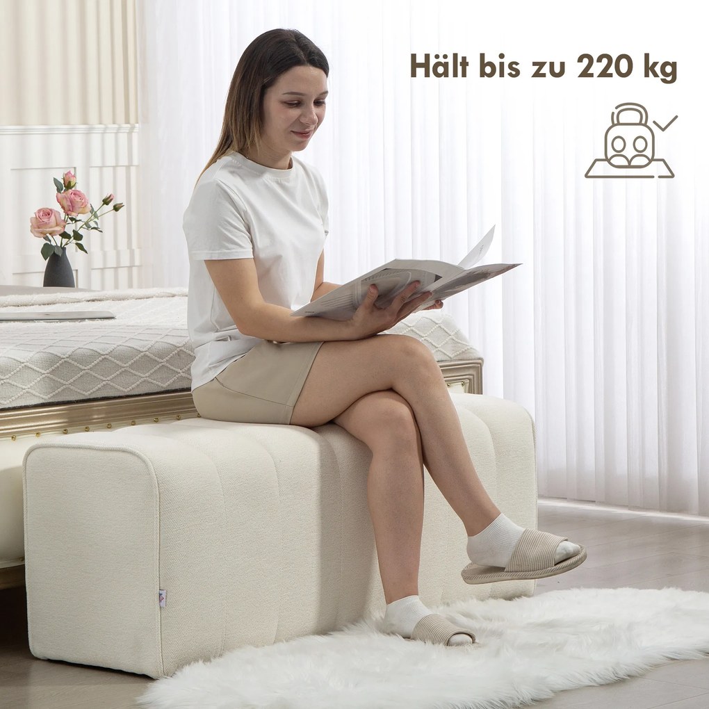 HOMCOM Moderní ložnicová lavice, čalouněná lavice s dřevěným rámem, nosnost až 220 kg, opěrka nohou, krémově bílá