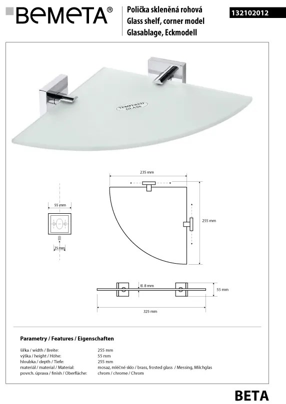 Bemeta Design BETA: Polička skleněná rohová -