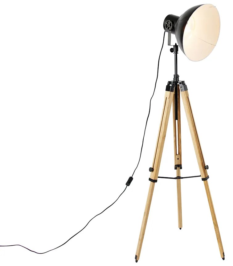 Průmyslová stojací lampa na trojnožce černá se dřevem - Mangoes