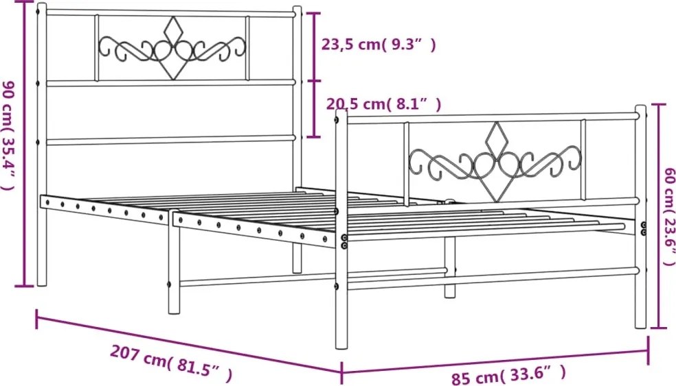 vidaXL Kovový rám postele s hlavovým a nožním čelem 80 x 200 cm [355276] Barva: Černá