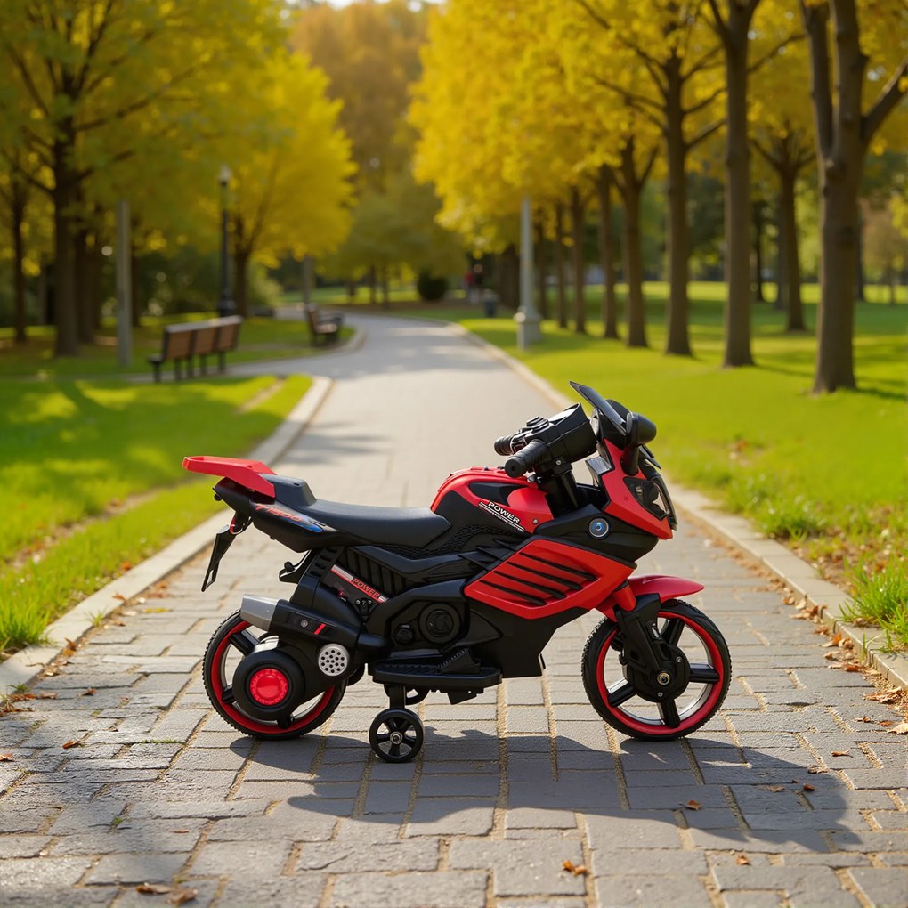 AIYAPLAY elektrická dětská motorka 6V s pomocnými koly, hudba, světlomet pro děti 18-36 měsíců, červená