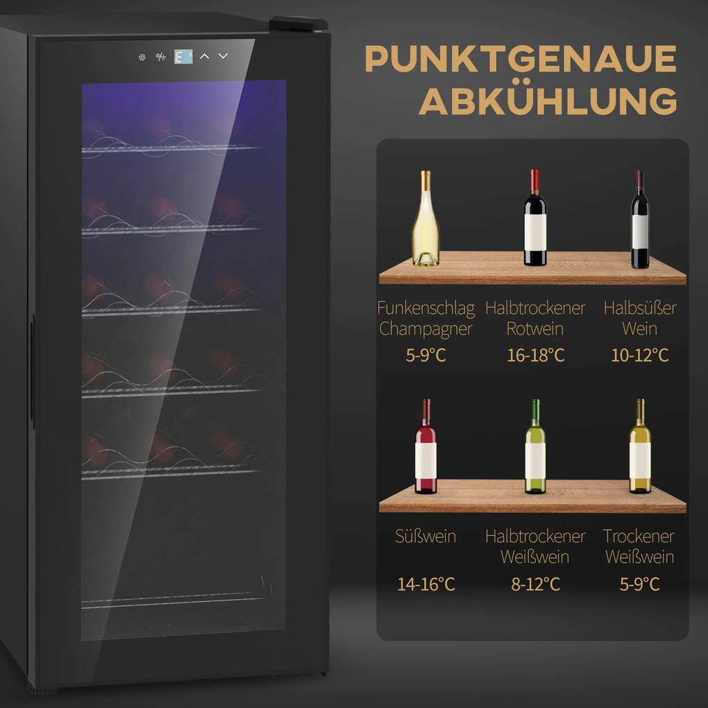 HOMCOM Chladnička na víno, kompresorová, na 18 lahví, 50 litrů, se skleněnými dveřmi, 5-18°, chladnička na lahve s dotykovým spínačem| Aosom
