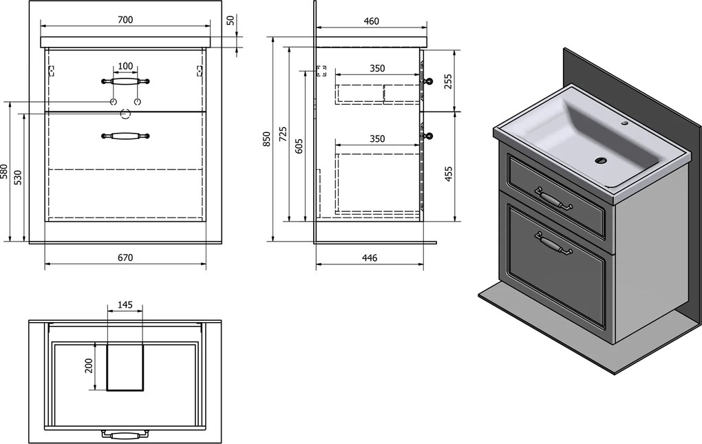 Aqualine FAVOLO umyvadlová skříňka 67 x 72,5 x 44,6 cm bílá mat FV270