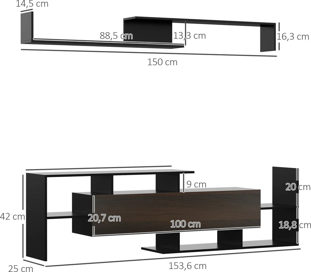 HOMCOM Sada nábytku do obývacího pokoje - Stojany na TV pro TV do 165 cm nebo konzole pro TV do 102 cm se stojanem na TV 153,6x25x42 cm a nástěnnou p…