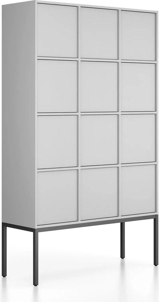 Kancelářská skříň FRAME, černá podnož, 12x dveře, 1299 x 450 x 2185 mm, PUSH-lock, šedá