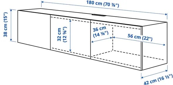 BESTÅ TV stolek s dvířky, vz. bíle moř. dub/Selsviken lesklá bílá, 180x42x38 cm