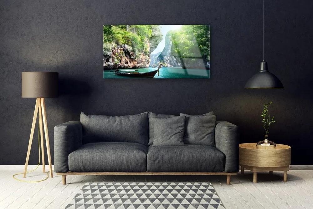 Obraz na skle Hora Voda Loďka Příroda 100x50 cm