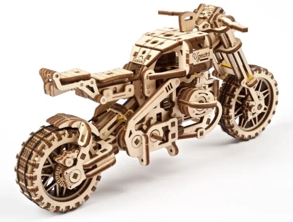 Ugears - 3D dřevěné mechanické puzzle Motorka scrambler s vozíkem