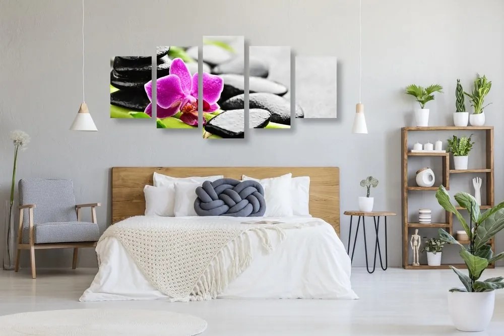 5-dílný obraz wellness zátiší s fialovou orchidejí - 200x100 cm