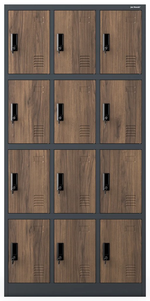 Skříňka pro zaměstnance s 12 uzamykatelnými boxy, bílá antracit/ořech, 900x1850x400 mm: MARCIN Eco Design