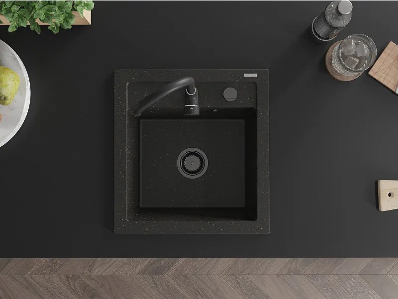 Mexen Vito, granitový dřez 520x490x210 mm, 1-komorový, černá-zlatá metalíza s černým sifonem, 6503521000-75-B