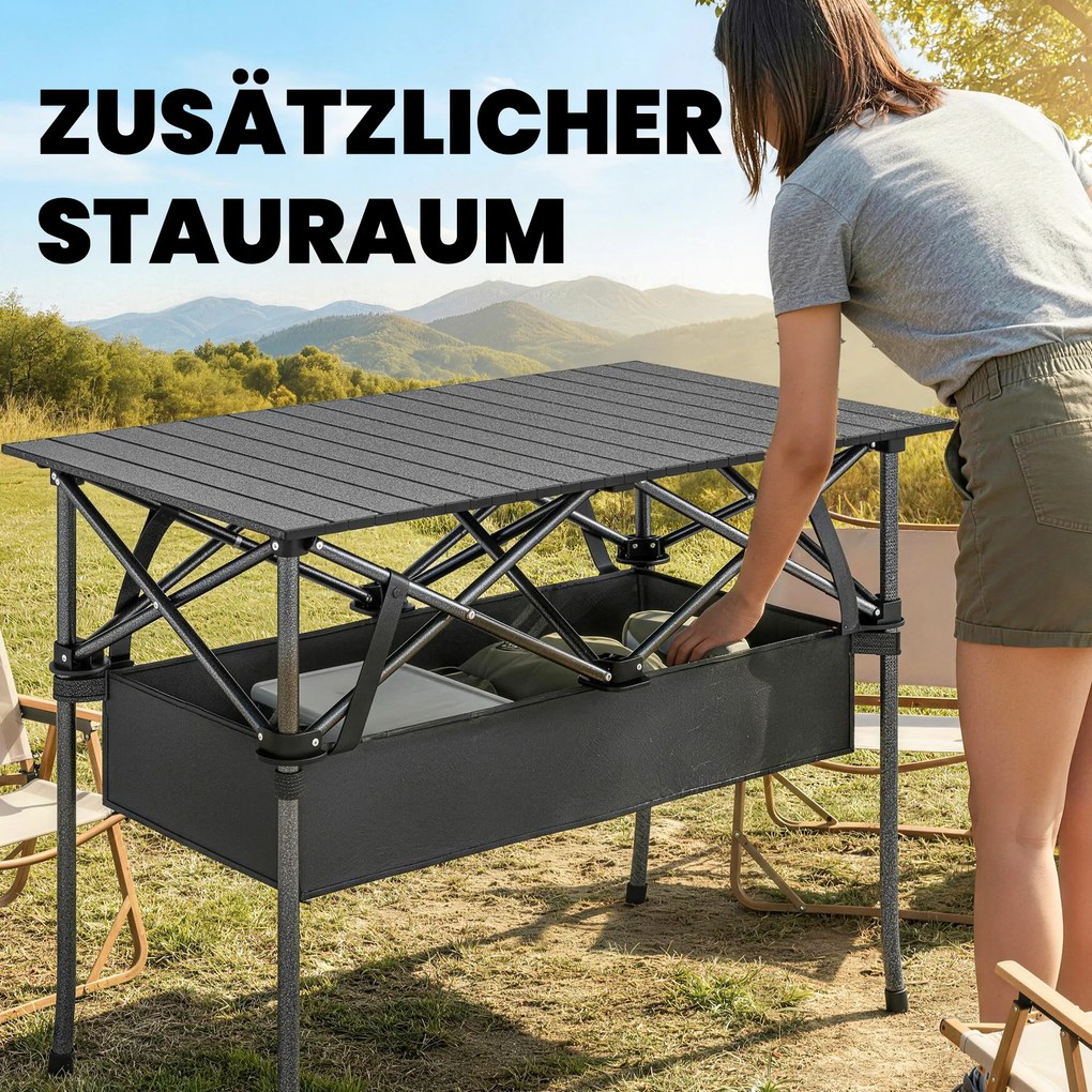 Outsunny Skládací pojízdný piknikový stůl Přenosný kempinkový stůl se síťovaným podnosem a taškou na přenášení pro venkovní použití, černý