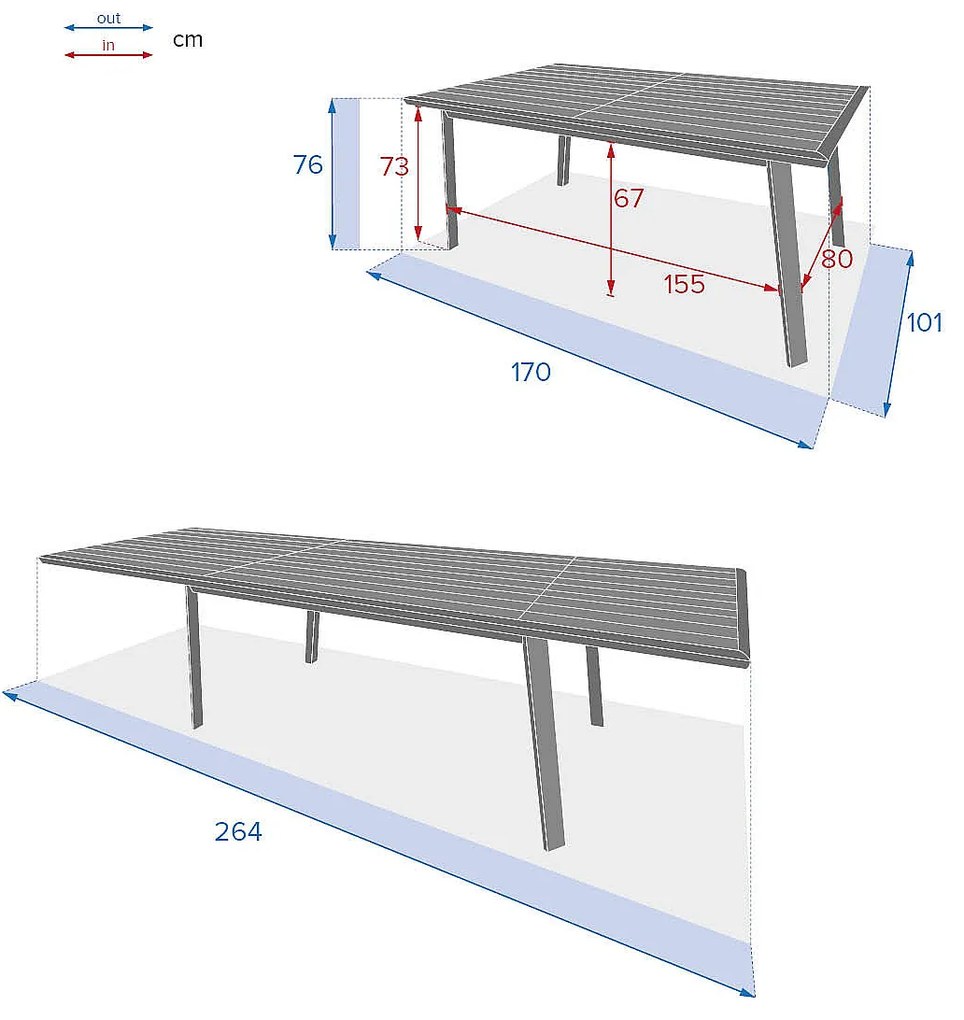 DEOKORK Hliníkový stůl ALORA 170/264x101 cm (šedo-hnědý)
