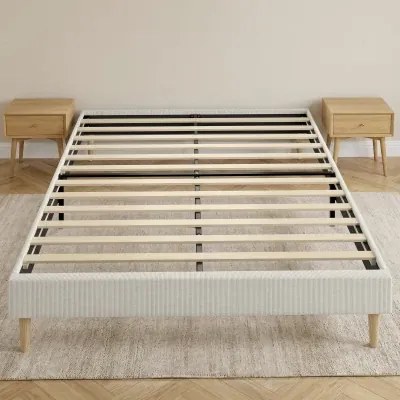 HOMCOM rám postele 140 x 190 cm s lamelovým roštem, čalouněná dvoulůžková postel z kordurové látky, úložný prostor pod ní, krémová