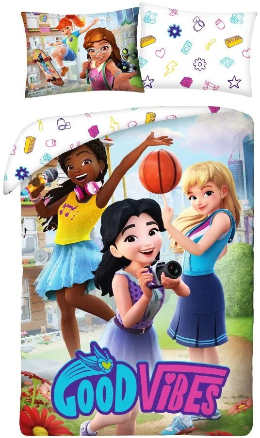Bavlněné ložní povlečení LEGO Friends - motiv Good Vibes - 100% bavlna - 70 x 90 cm + 140 x 200 cm