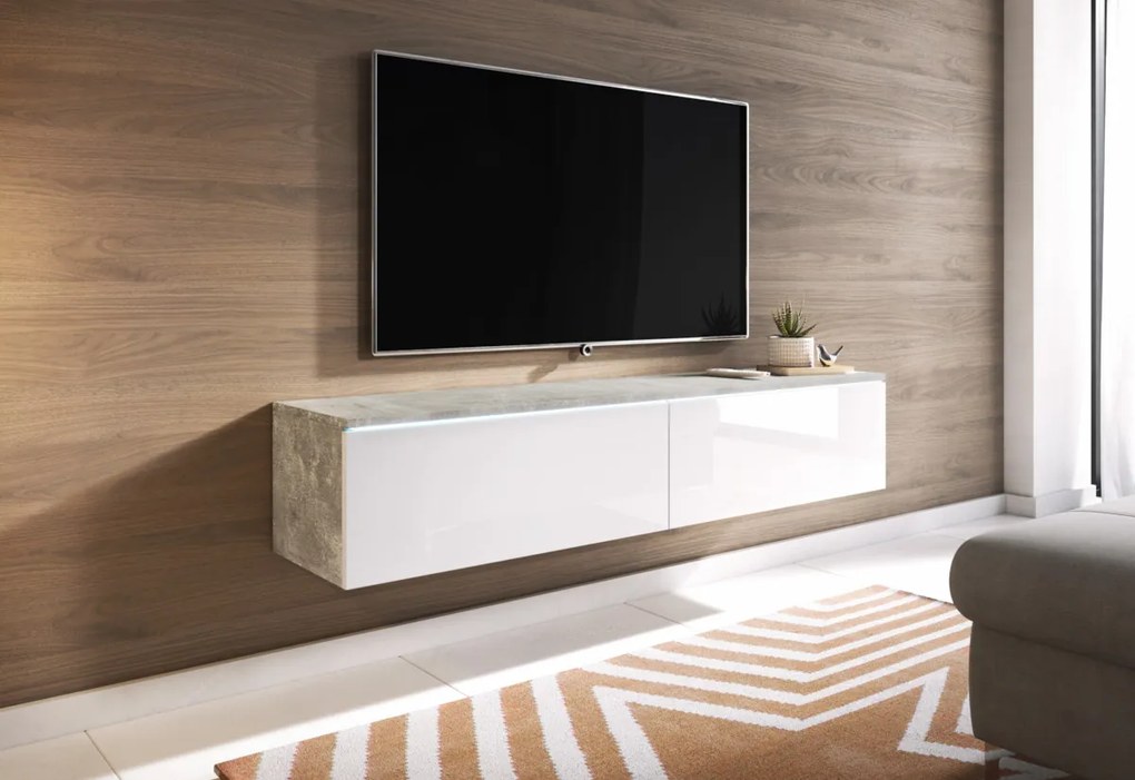 TV stolek LOWBOARD D 140, 140x30x32, beton/bílá lesk + LED