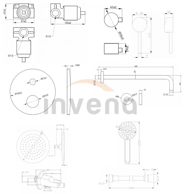 Invena Dafni, podomítková sprchová sada s ruční a hlavovou sprchou 25cm, černá matná, INV-BS-88-014-A