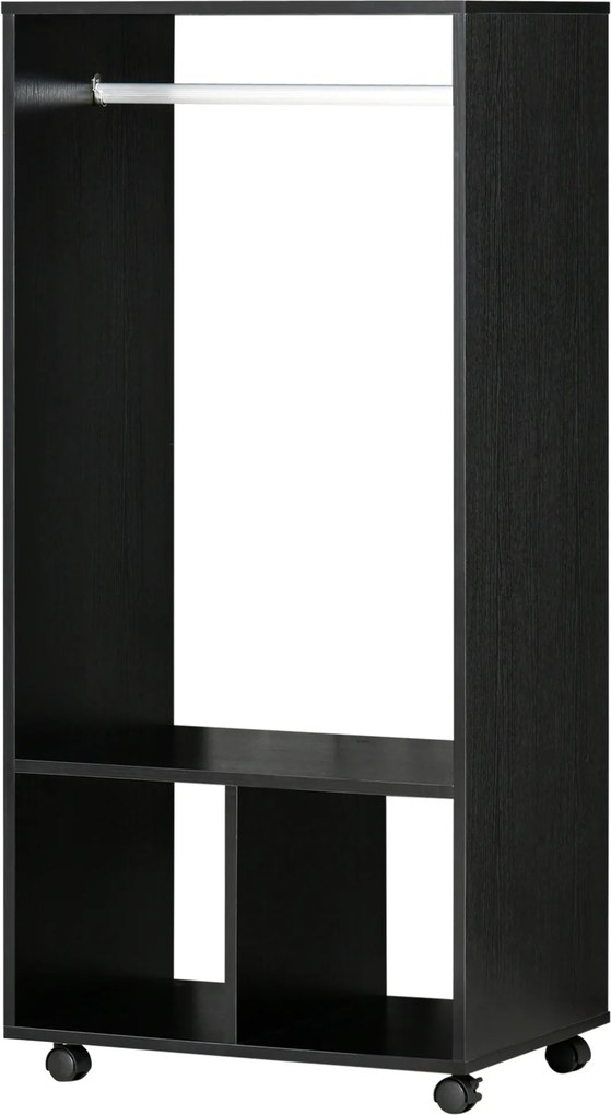 HOMCOM Skříň na kolečkách, Otevřený design s závěsnou tyčí a policemi pro organizaci oblečení do ložnice 60x40x128 cm Černá