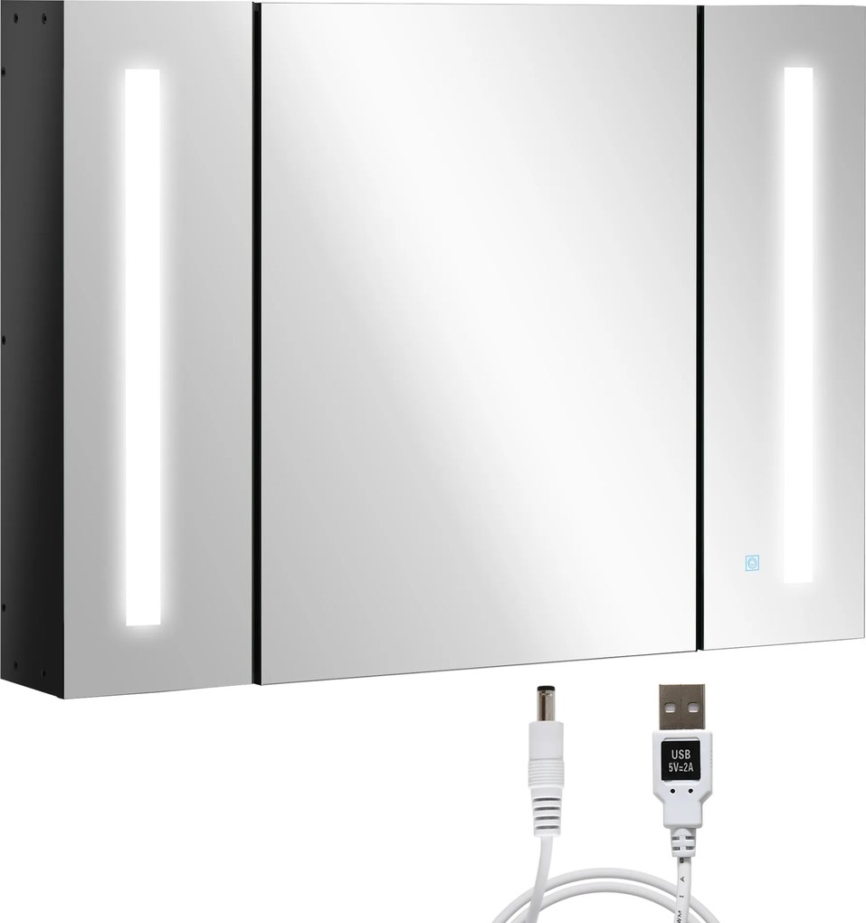 kleankin Koupelnová zrcadlová skříňka na stěnu z MDF se 3 skříňkami, 3 policemi a LED světlem, 90x15x65 cm, černá