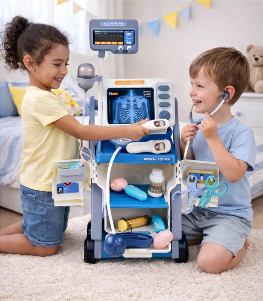 LEAN Toys Sada malého lékaře s vozíkem RTG a EKG, světlá, modrá, 16 ks