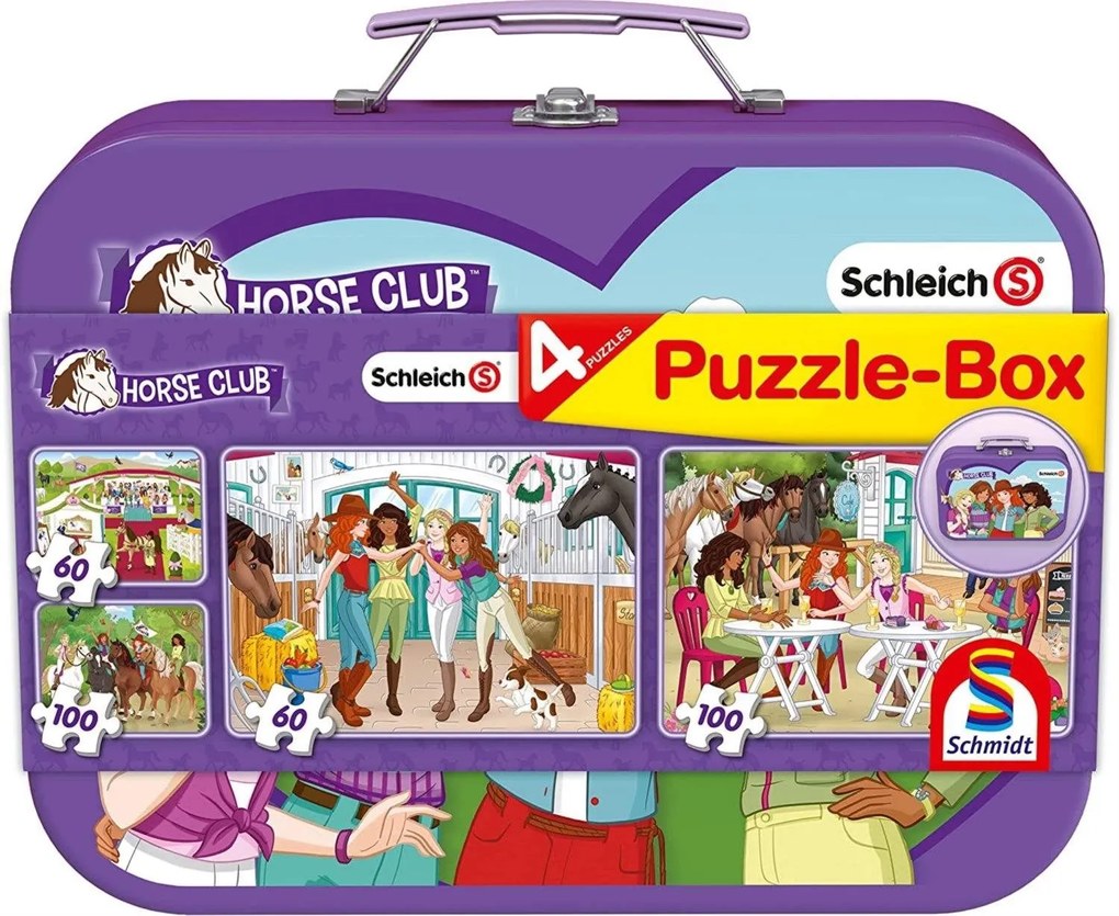 Puzzle schmidt puzzle schleich horse club 4 v 1 v plechovém kufříku (60, 60, 100, 100 dílků)