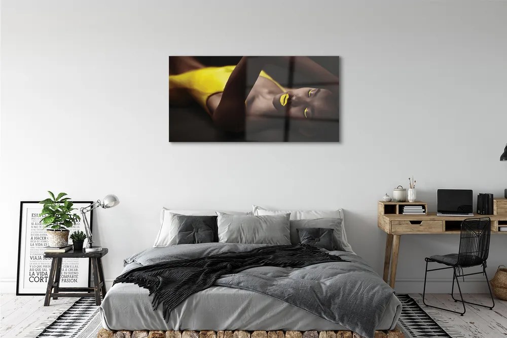akrylový obraz Žena žlutá ústa 125x50 cm