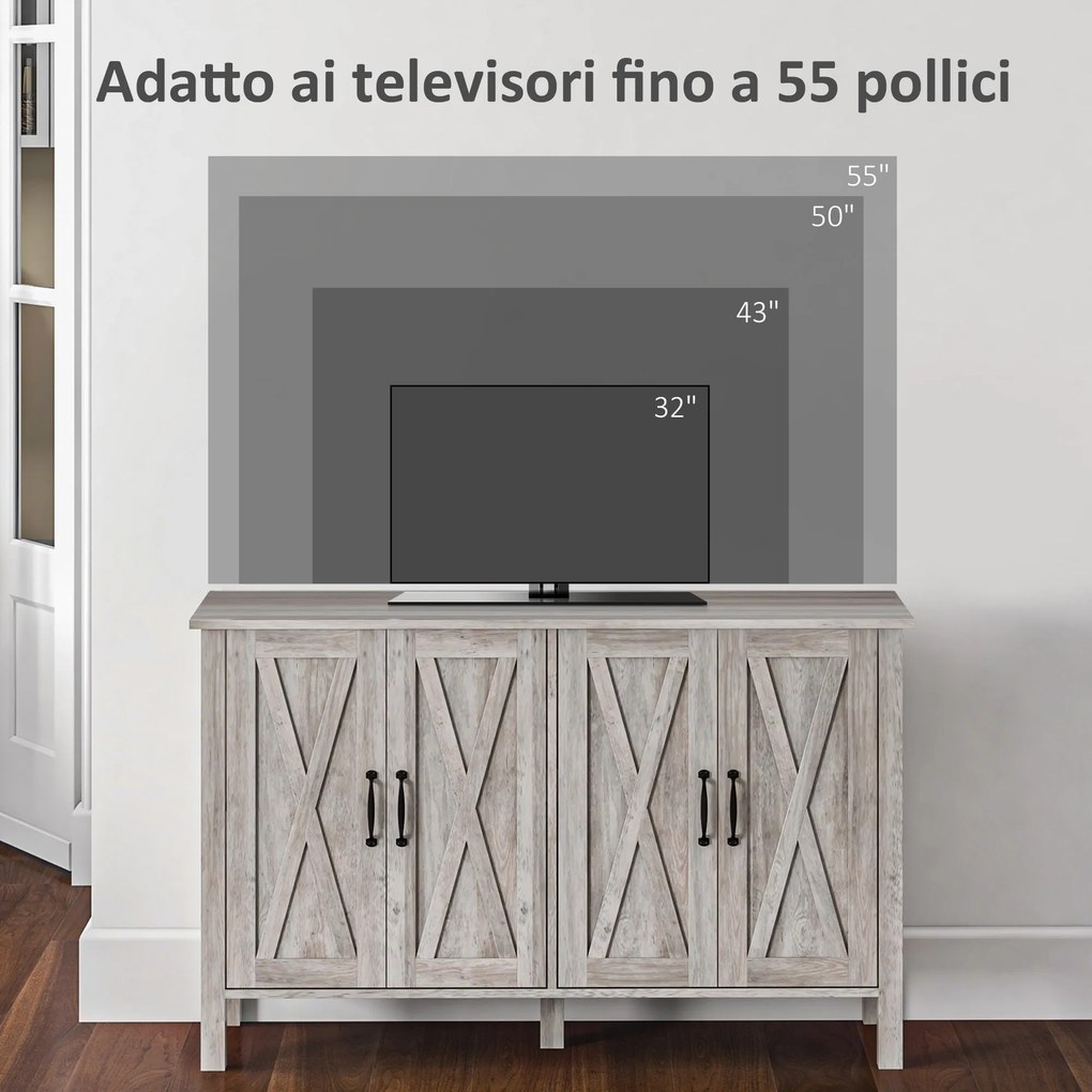 HOMCOM Nízká Skříň v Rustikálním Stylu s 2 Nastavitelnými Policemi, TV Bufet pro TV do 55 palců s 4 Dřevěnými Dvermi, 120x37x75 cm, Šedá