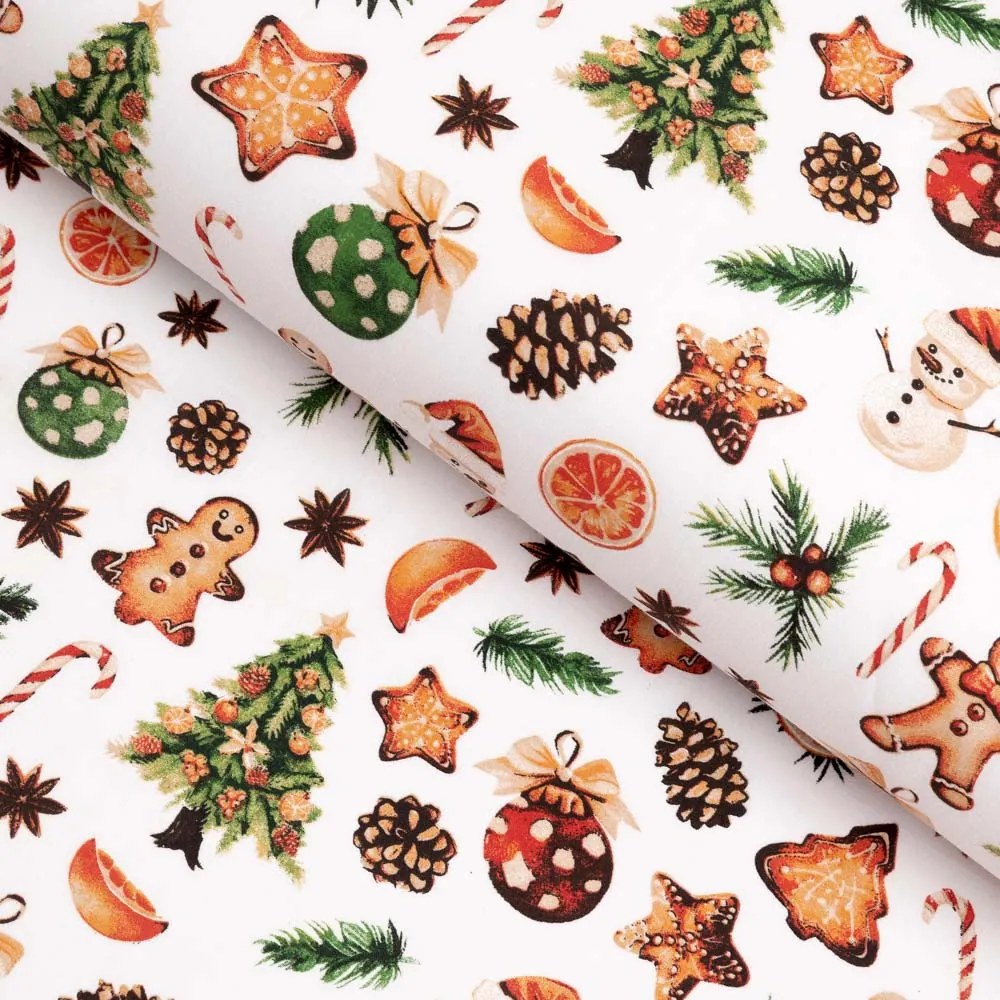 Biante Vánoční bavlněný čtvercový ubrus Sandra SA-516 Vánoční perníčky a ozdoby na bílém 80x80 cm