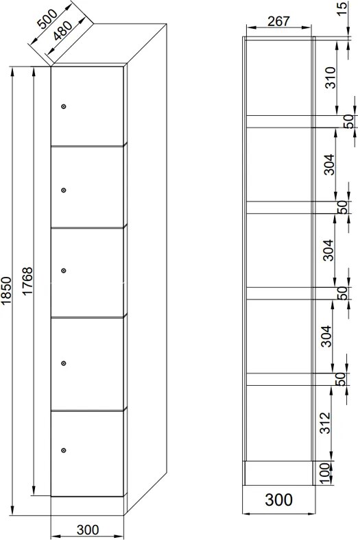 Šatní skříňka S1 s úložnými boxy, 5 boxů, 1850 x 300 x 500 mm, RFID zámek, tmavě šedé dveře