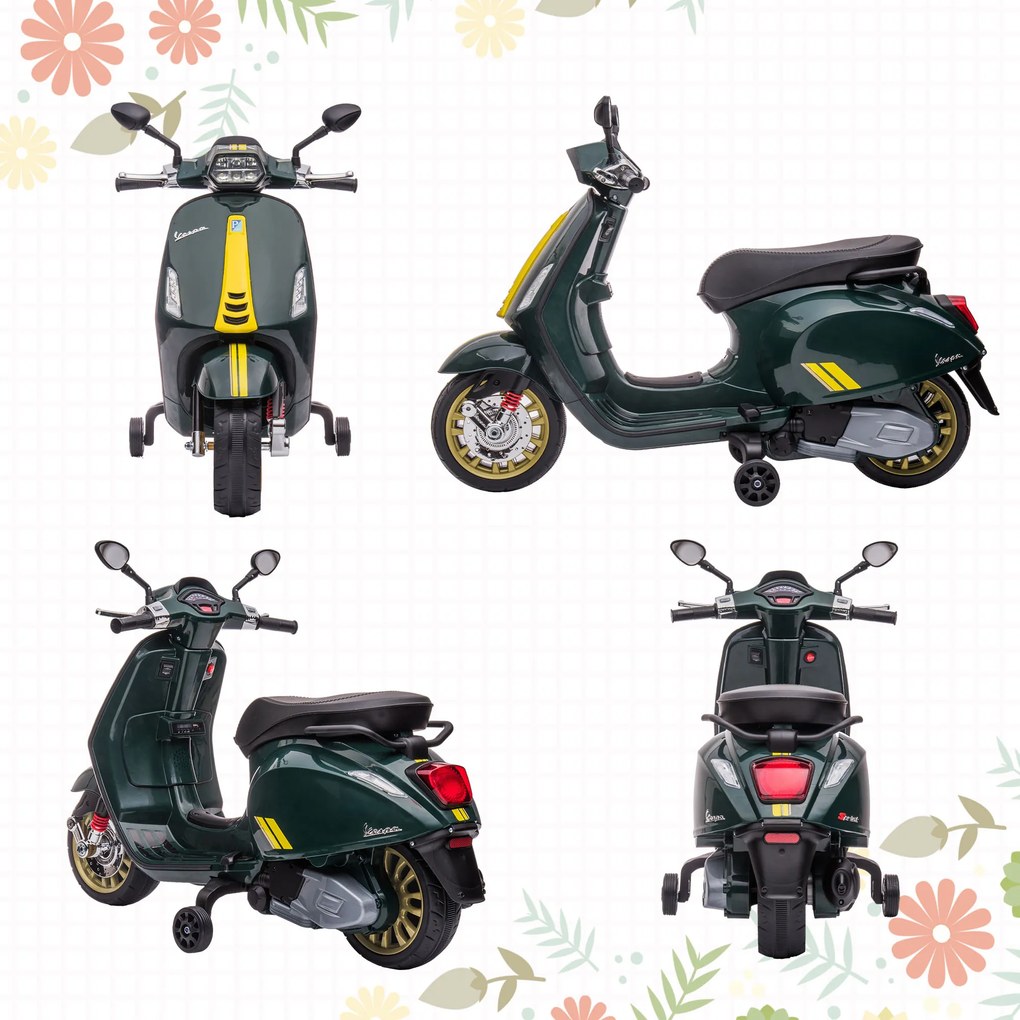 Dětská elektrická Vespa skůtr AIYAPLAY 6V – elektrická motorka pro děti 3-6 let, rozměry 107L x 47W x 73H cm, MP3 hudba, USB port, FM rádio, světlome…