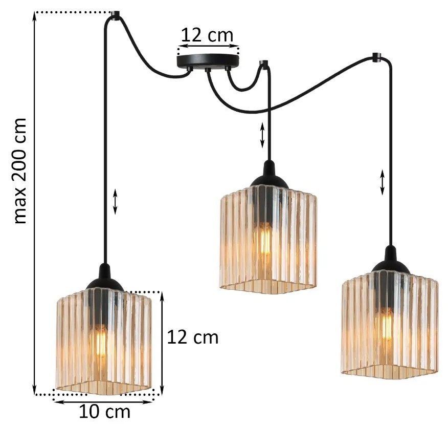 Závěsné svítidlo Riffle Square Spider, 3x medové skleněné stínítko, b