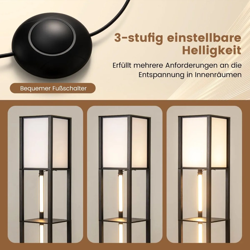 Costway Stojací lampa s policemi a nožním spínačem a dřevěná policová lampa LED