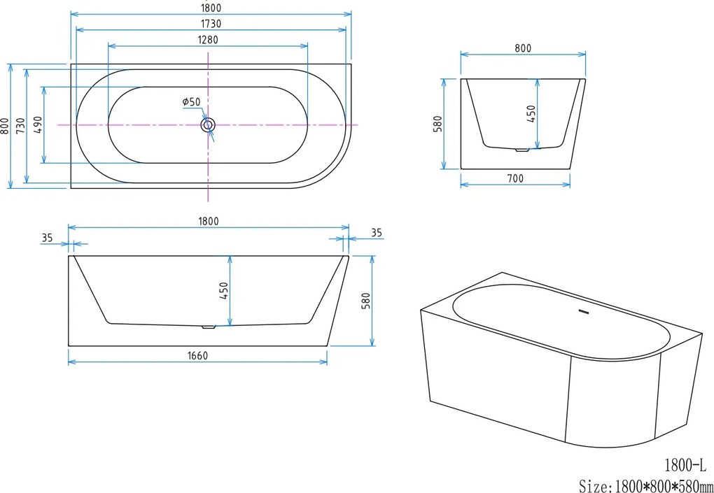 Erga Zara, rohová volně stojící vana 180x80 cm + odtoková zátka, levá, bílá lesklá, ERG-Zara-180080L-WH-WH