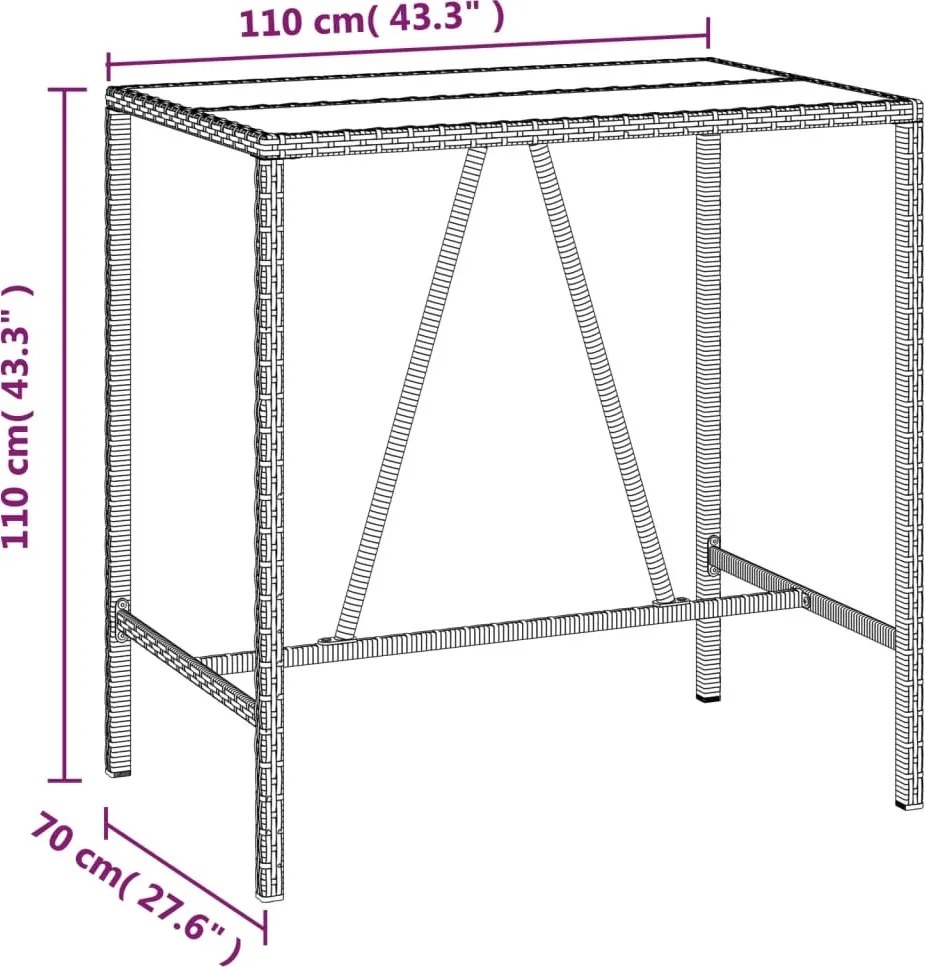 vidaXL Barový stůl se skleněnou deskou 110x70x110 cm polyratan [362587] Barva: Šedá