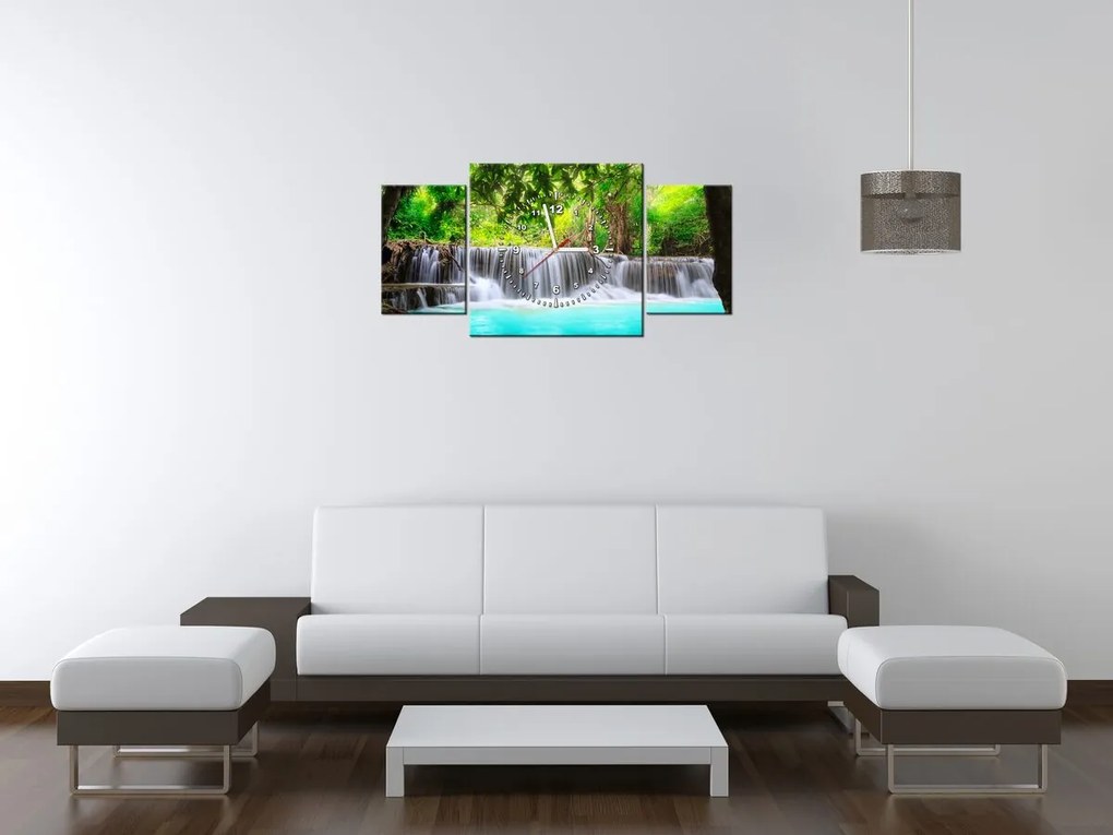 Gario Obraz s hodinami Nádherný vodopád v Thajsku - 3 dílný Rozměry: 90 x 70 cm