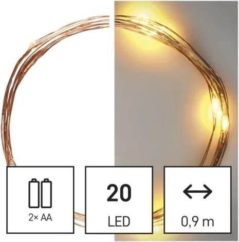 Vánoční osvětlení EMOS D3AW07 ZY1952 20LED nano řetěz měděný 1,9m 2xAA teplá bílá s časovačem