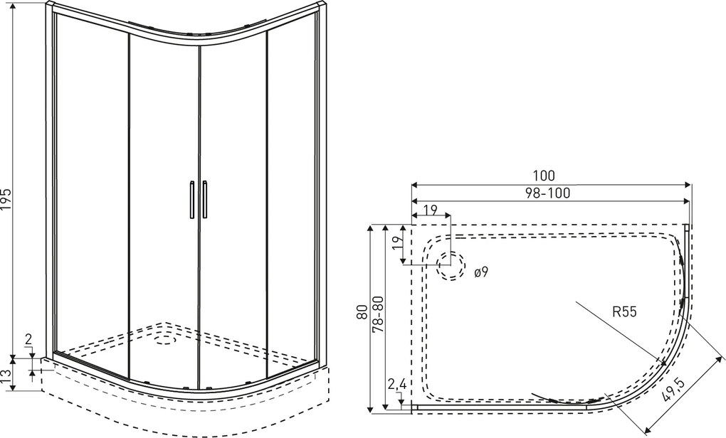 Novoterm Asymetrický sprchový kout NV-Solid RA CHR 80x100 PRAVÝ, chrom/transparent + vanička hluboká