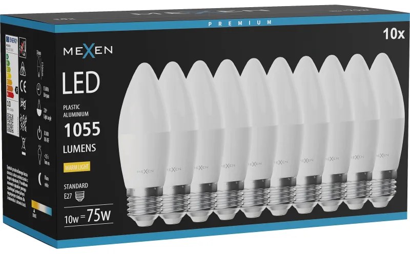 Mexen Nova 10x LED žárovka E27, C37, 10W, Teplá - 3000K, 1055 lm - L102-E27-1030-01x10