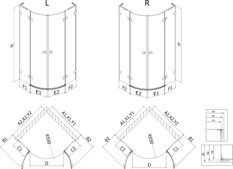 Mexen Lunar, L výklopný půlkruhový sprchový kout 100 x 100 cm, 8mm čiré sklo, zlatý matný profil, 833L-100L-100P-55-00