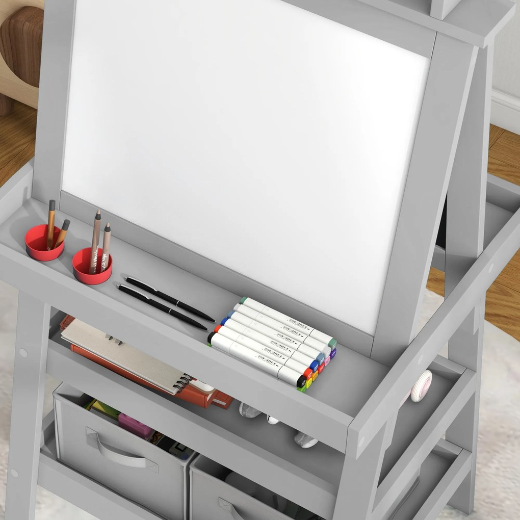 AIYAPLAY AIYPLAY Dětský malířský stojan 3 v 1 - Magnetická oboustranná dětská tabule s papírovým válečkem a úložnými košíky 59x48x118 cm Šedá