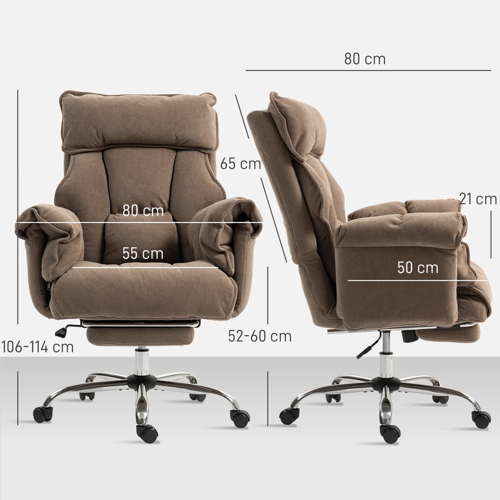 HOMCOM Ergonomická kancelářská židle, naklápěcí opěrka zad, podnožka, měkká látka, světle hnědá