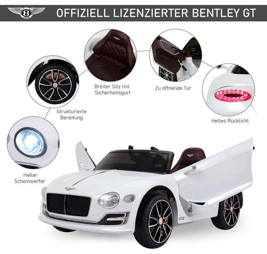 HOMCOM Dětské elektrické autíčko Bentley GT v licenci s dálkovým ovládáním, 2 x 390 motorů, bílé, 108 x 60 x 43 cm, pro děti | Aosom.de