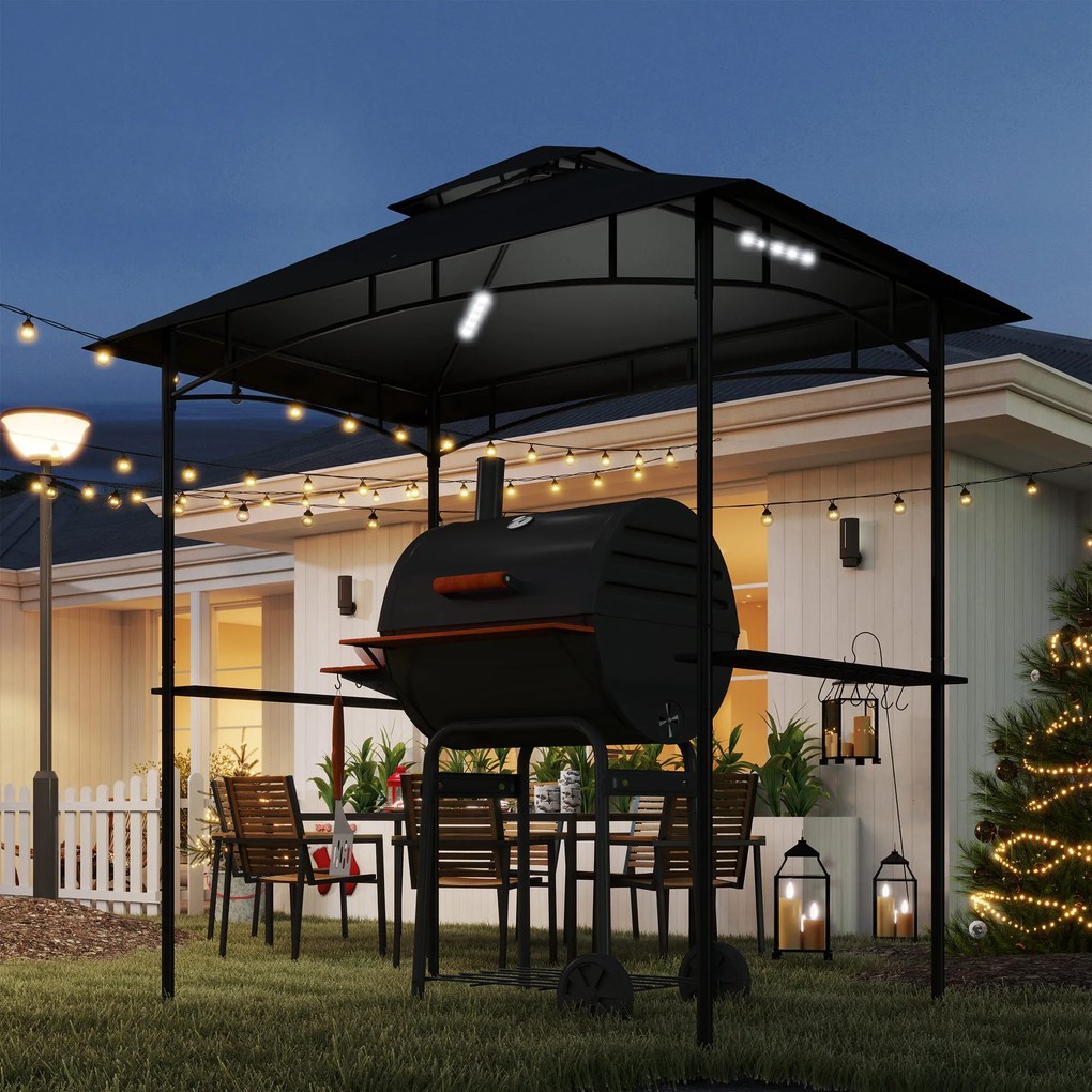 Outsunny BBQ pavilon s LED 240 x 150 x 258 cm, voděodolný a ohnivzdorný zahradní pavilon s dvouvrstvou střechou, bočními policemi, zahradní pergola s…